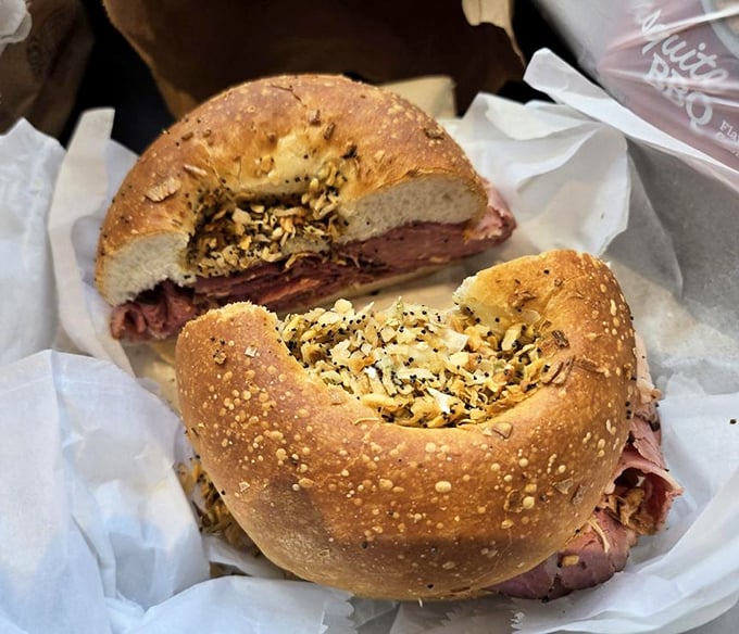 This sandwich&mdash;aptly named "Heartburn"&mdash;offers pleasure worth any potential discomfort. Stuffed with roast beef inside a garlic-topped roll, it's a risk worth taking.