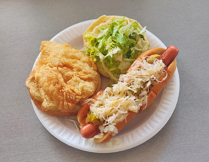 Simple perfection on a paper plate &ndash; a hot dog with all the fixings and a golden-fried chicken cutlet that puts fast food to shame.