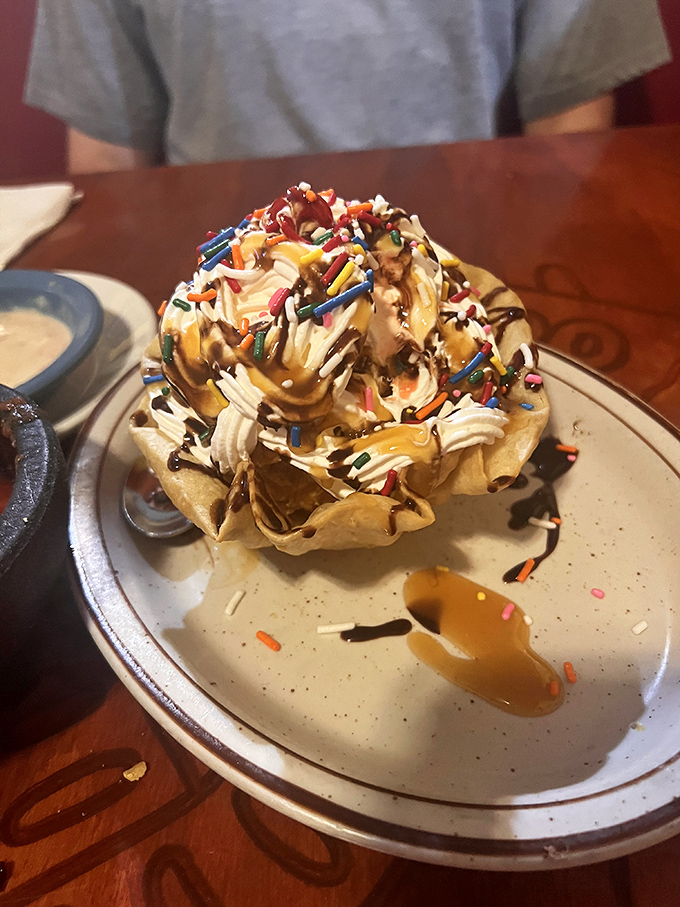 A dessert that doesn't just satisfy your sweet tooth&mdash;it throws it a parade. That ice cream-filled tortilla bowl is pure joy architecture.