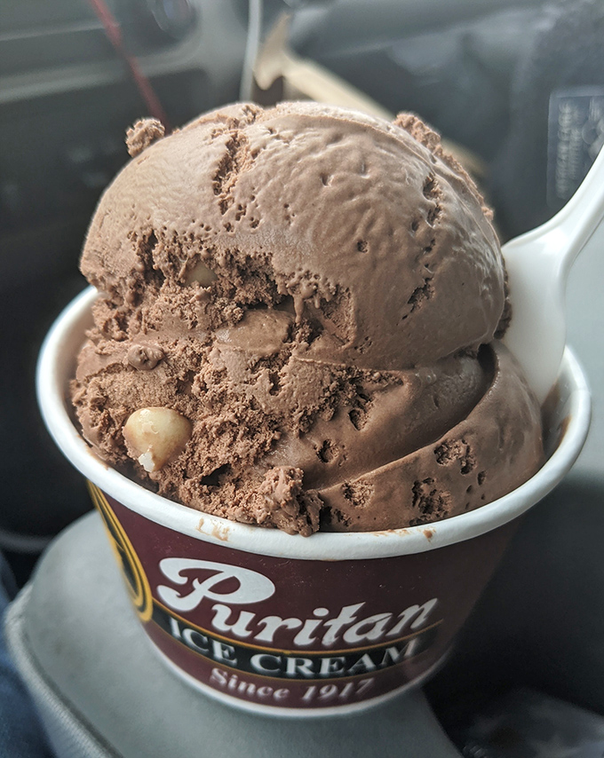 Homemade chocolate ice cream in a cup that's designed for the car&mdash;because sometimes the best dessert is eaten while plotting your next visit.