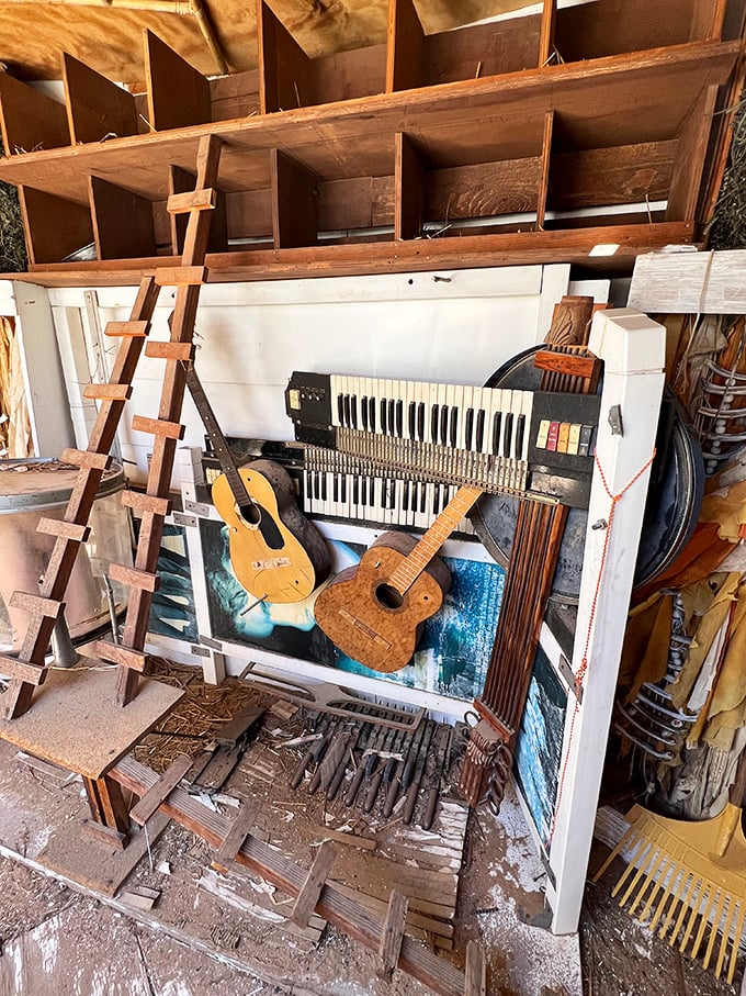 Music frozen in time&mdash;weathered guitars and a battered accordion create a silent symphony, waiting for desert winds to pluck their strings once more.