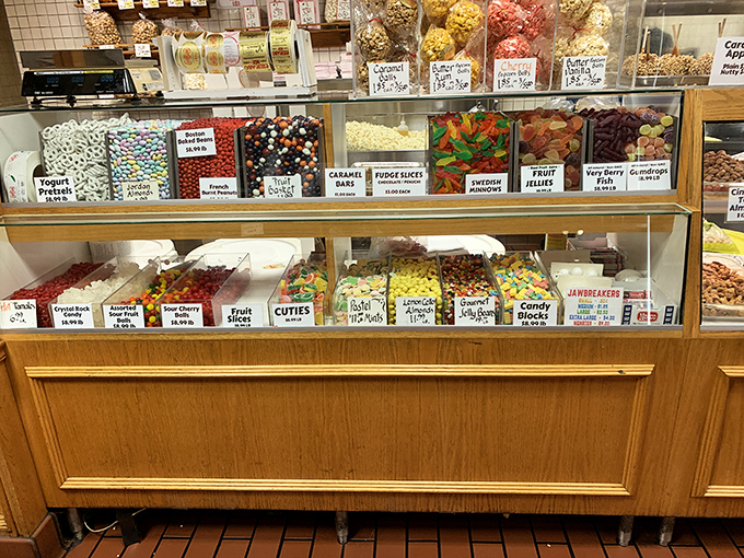 A rainbow array of jawbreakers and classic candies &ndash; each bin a different chapter in the encyclopedia of American candy history.