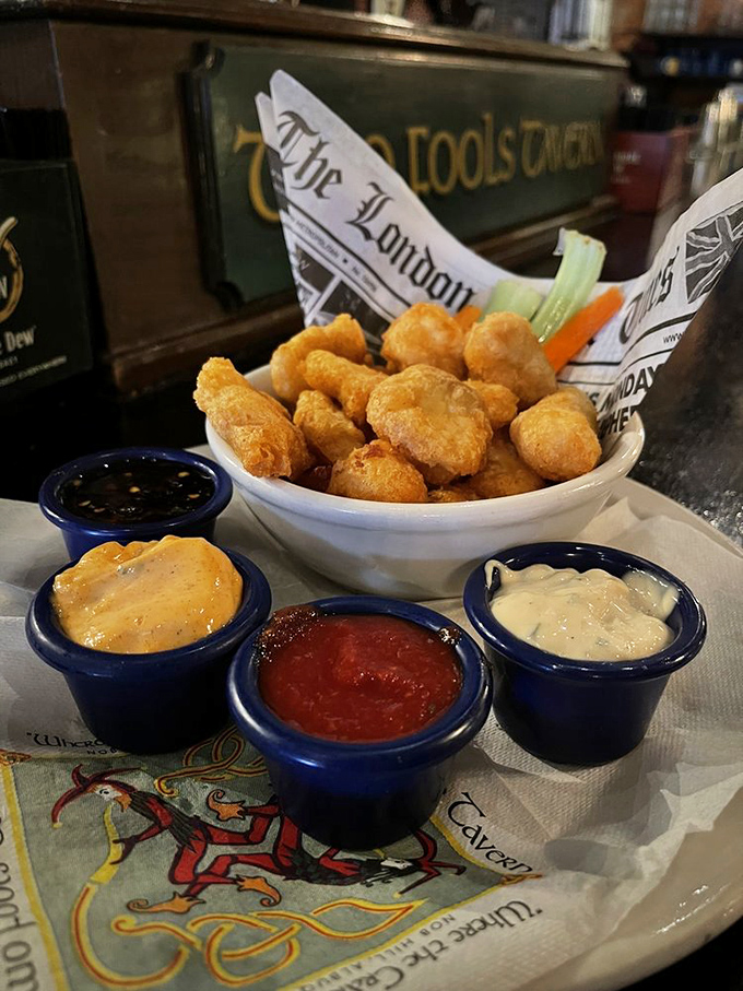 Liffey Chips&mdash;golden nuggets of fried goodness served with a trio of dipping sauces that turn snacking into a choose-your-own-adventure experience.