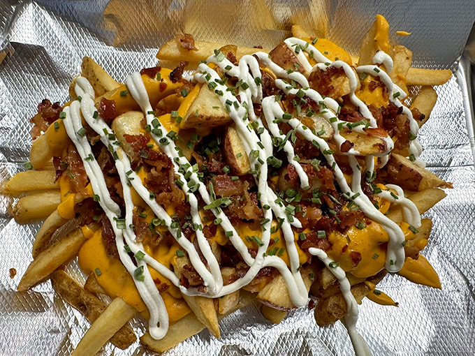 Loaded fries that require both a fork and a strategy. The white sauce zigzag is culinary showmanship at its finest.