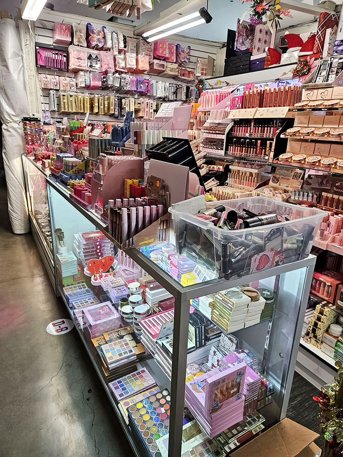 Beauty supplies line the shelves like colorful soldiers, ready to help anyone achieve their perfect look affordably. 