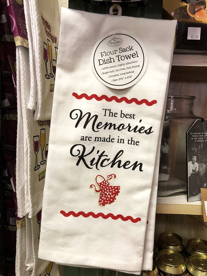 Charming kitchen towels and gifts remind visitors that the best memories often involve both sugar and the people we share it with.