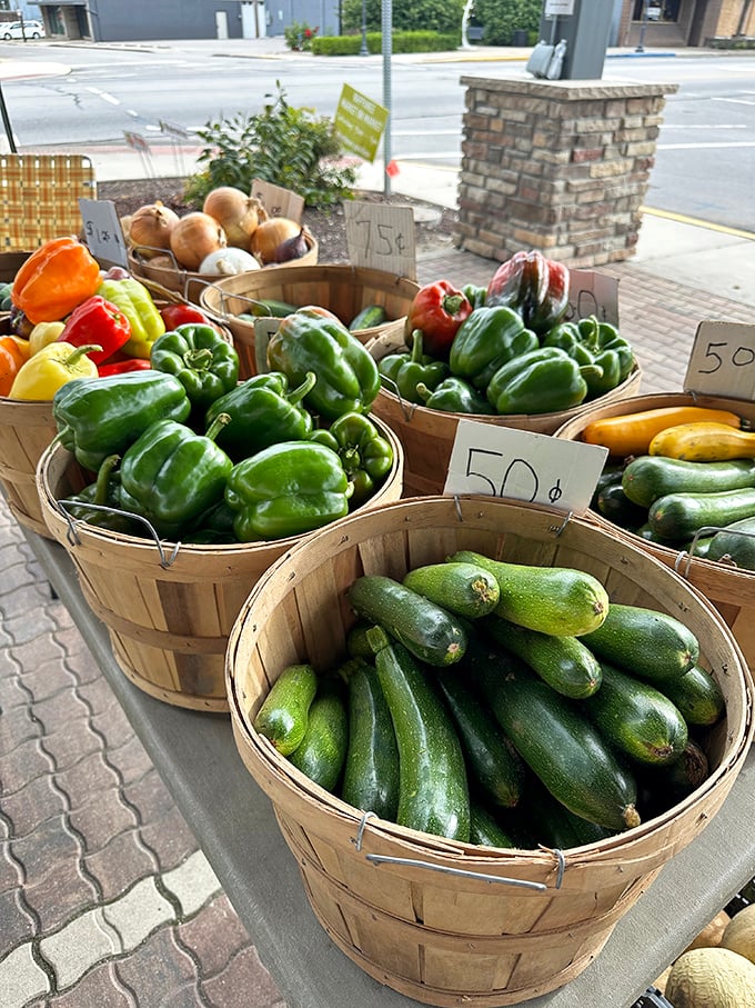 Fresh produce displayed in traditional bushel baskets reminds us that in Nappanee, farm-to-table isn't a trend—it's simply Tuesday.