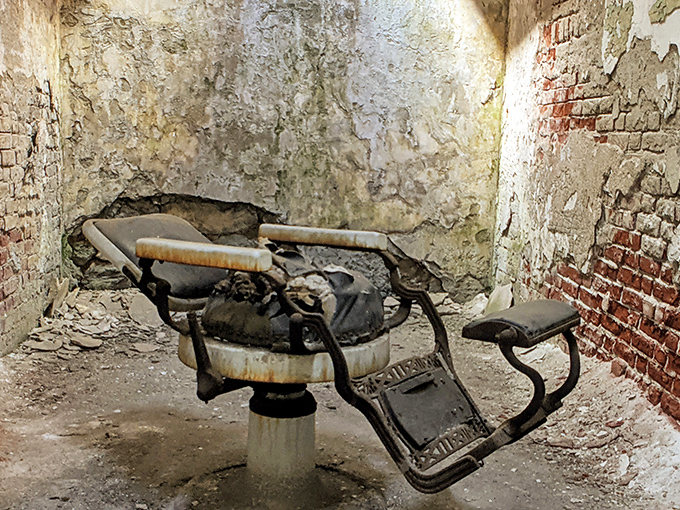 This deteriorating dental chair suggests that prison healthcare wasn't exactly a priority. Makes today's dental visits seem like a luxury spa treatment.