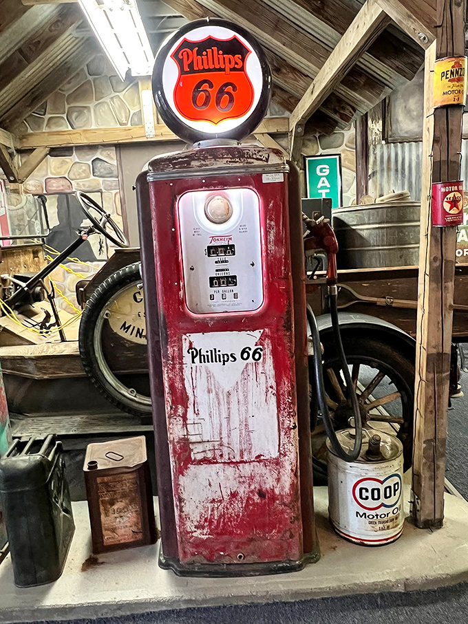 This weathered Phillips 66 pump has seen more American road trips than a dashboard hula girl. Its patina tells stories of countless cross-country journeys.