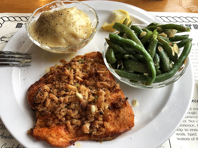 Onion-crusted salmon with those perfectly cooked green beans&mdash;proof that sometimes the simplest preparations let great ingredients sing their own delicious song.
