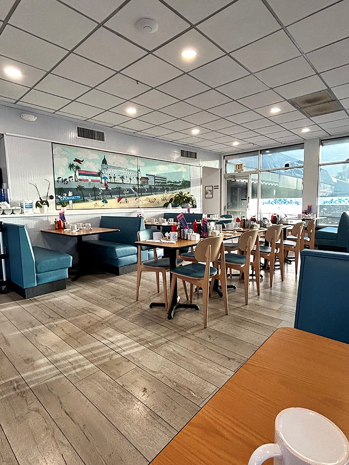 Light-filled dining area with a mural of old St. Pete Beach&mdash;a reminder of simpler times while you enjoy present-day deliciousness.