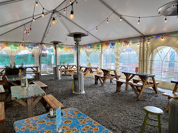 Weather-proof taco enjoyment under this tent, where string lights and colorful tablecloths keep Portland's rain from dampening your fiesta.