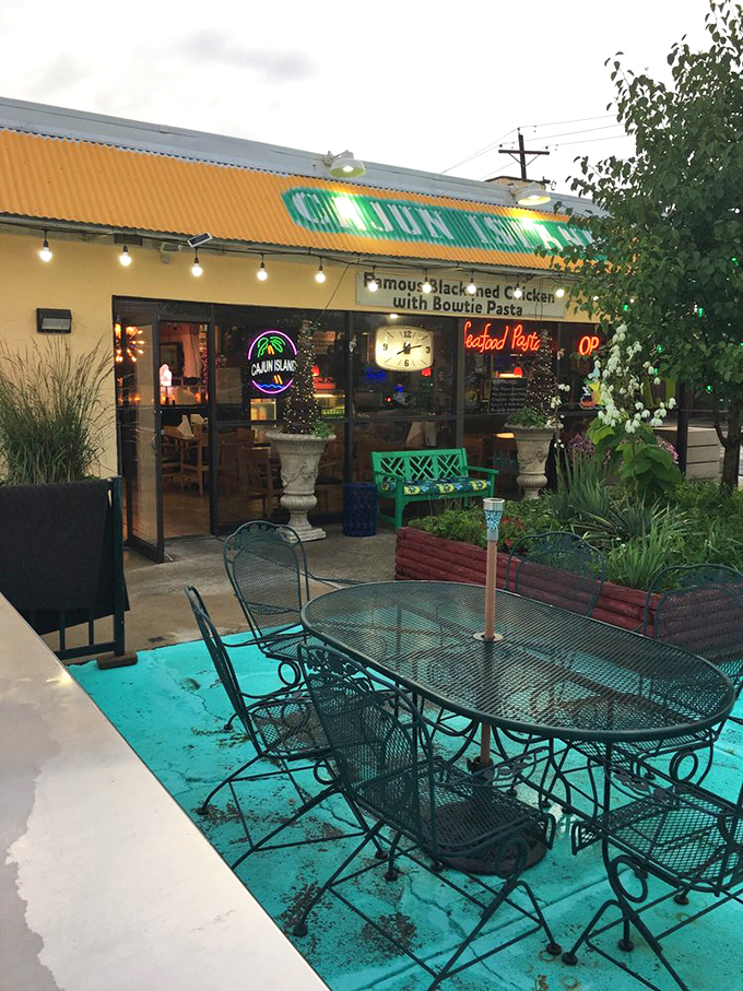 The turquoise patio floor and string lights create an unexpected oasis of calm amid the suburban landscape &ndash; like finding New Orleans in Ohio. 