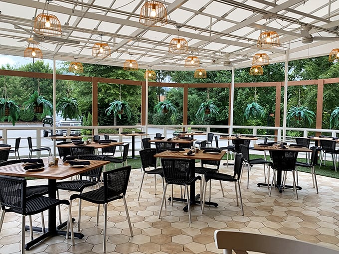 Outdoor seating where nature and comfort food coexist in perfect harmony, like a culinary National Geographic special.