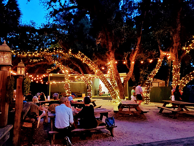 As night falls, string lights transform oak trees into magical canopies. Dining under these twinkling stars makes even a simple meal feel like a celebration.