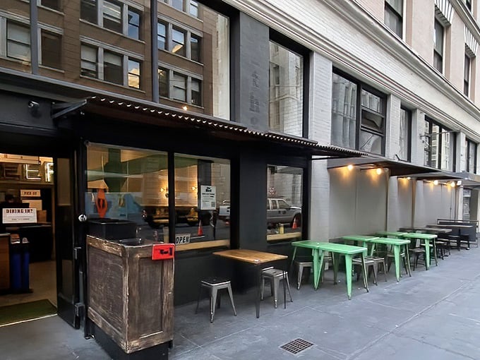Sidewalk seating for those who can't wait to dig in or want to show off their sandwich to envious passersby.