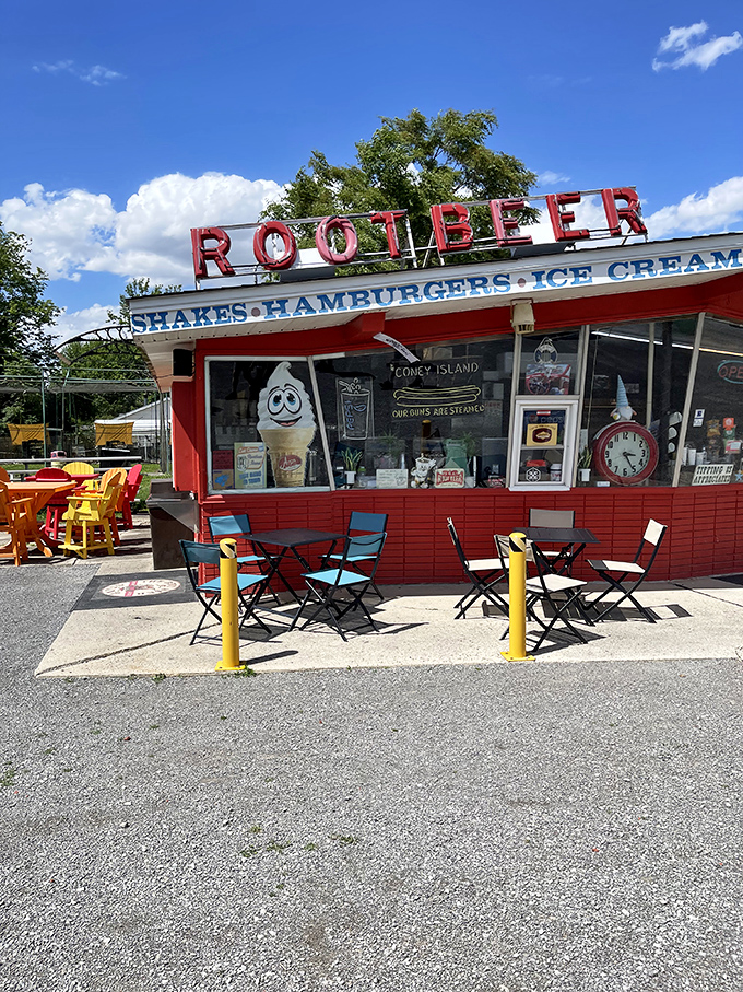 Colorful outdoor seating that practically screams "Summer!" The perfect spot to savor your root beer float under Ohio skies.