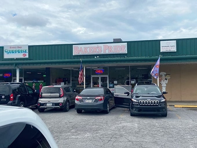 A packed parking lot: the universal sign of "you've found the good stuff." No marketing campaign beats the endorsement of full spaces at a bakery.
