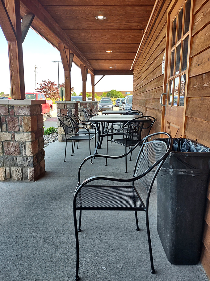 The covered patio offers al fresco dining without the worry of weather interruptions. Steak tastes better with a side of fresh air.