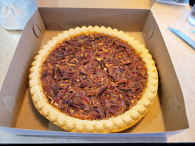 Pecan pie in a to-go box&mdash;because sometimes the best souvenir from a road trip is something sweet to enjoy later.
