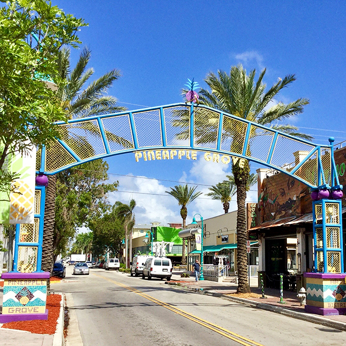 The whimsical Pineapple Grove Arts District gateway welcomes visitors to a neighborhood where creativity flourishes without Manhattan gallery prices.