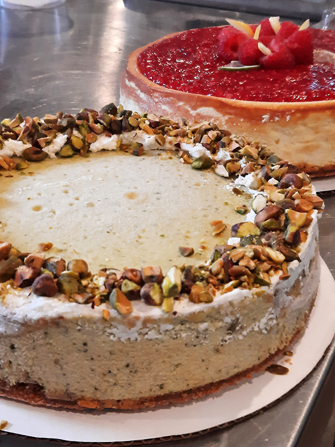 A study in contrasts: creamy pistachio cheesecake meets vibrant raspberry topping. The crushed nuts around the edge are the crunchy supporting actors that steal every scene.