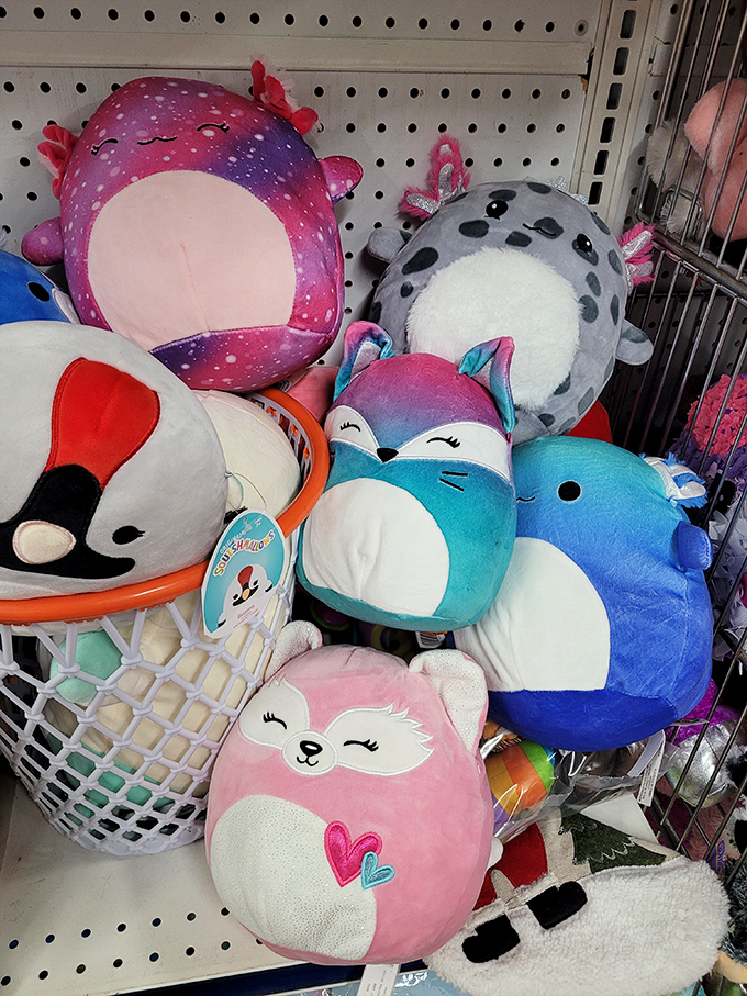 Plush creatures huddle together in colorful congregation, their hopeful button eyes searching for the next child to love them.