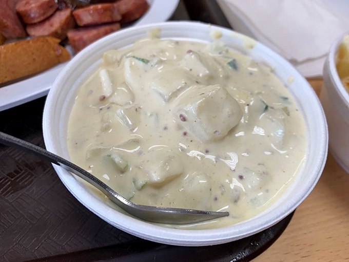 Potato salad that knows its role &ndash; cooling the palate between bites of smoky meat while bringing its own creamy, tangy personality to the party.