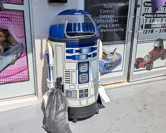 This isn't the trash can you're looking for. An R2-D2 replica stands sentinel outside, serving both as guardian droid and perfect photo opportunity.
