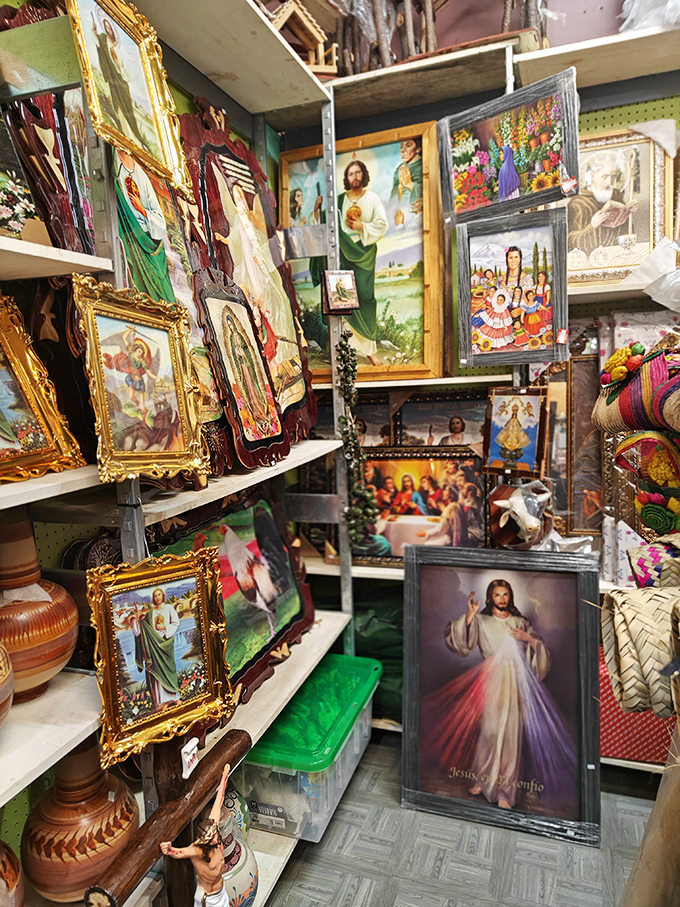 Sacred space amid the secular. Religious iconography creates a contemplative corner where shoppers might find both spiritual comfort and the perfect gift for Abuela.