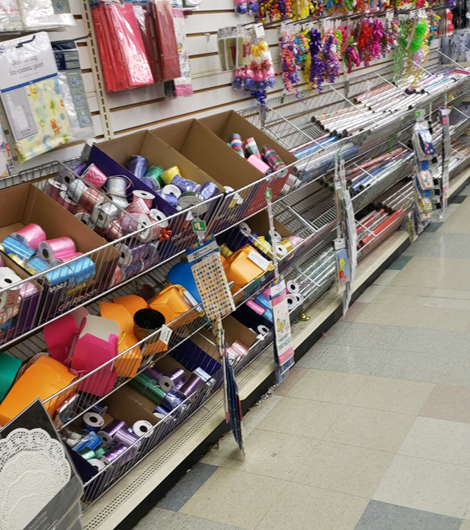 A crafting wonderland where ribbons and decorative supplies transform ordinary packages into gifts that look like you spent way more than you did.