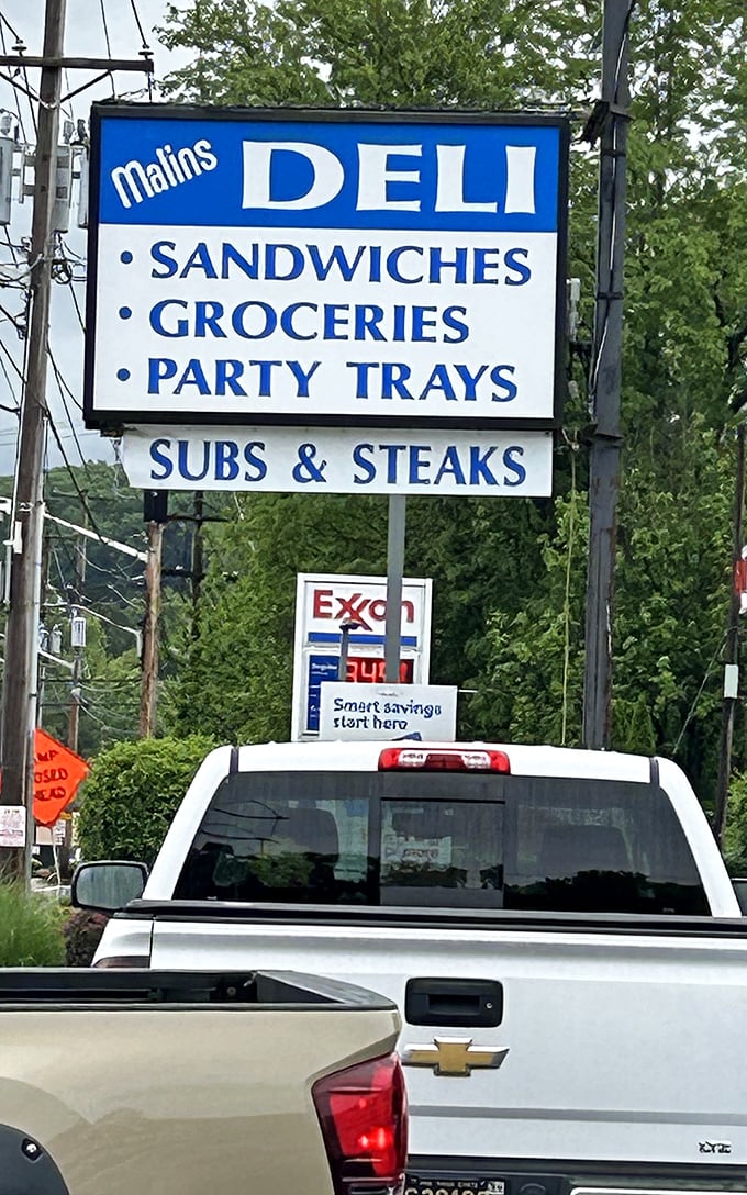 The roadside sign stands as a beacon to hungry travelers, promising three essentials of American happiness: sandwiches, groceries, and party trays.