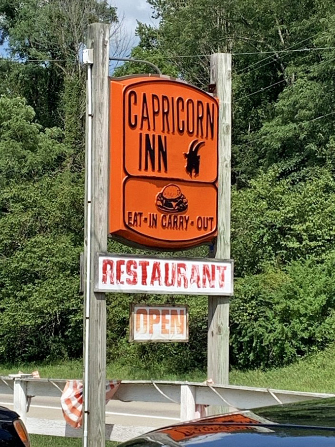 The bright orange sign stands as a beacon of hope for hungry travelers—a roadside promise of burger satisfaction just ahead.