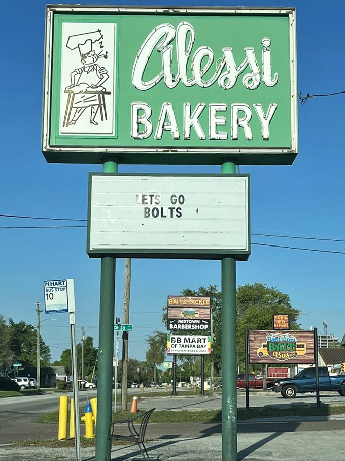 The iconic sign stands as a neighborhood landmark, even taking time to support the local sports teams. Community spirit baked right in.