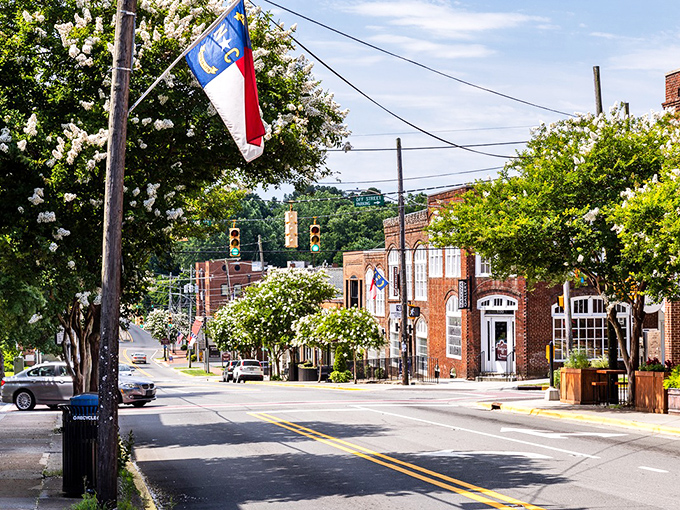 Churton Street showcases classic small-town America, where the North Carolina flag waves proudly and flowering trees frame historic brick buildings.