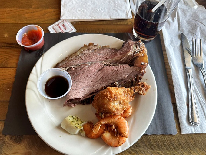 Slow-roasted beef that practically surrenders to your fork, accompanied by golden-fried shrimp. Land and sea in perfect harmony.
