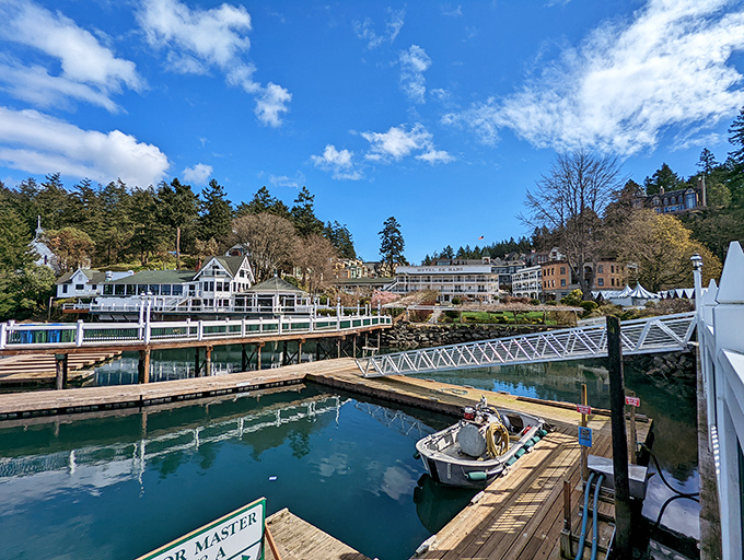 Roche Harbor Resort gleams like a white-washed New England fantasy that somehow floated across the continent to nestle perfectly in this Pacific Northwest cove.