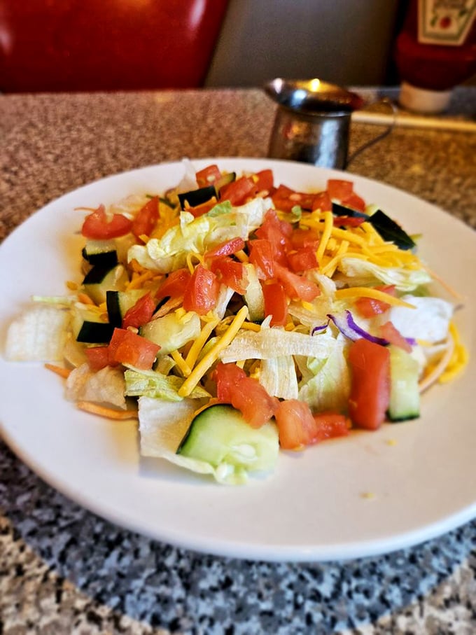 Fresh garden salad piled high with crisp vegetables - even diners know how to do healthy eating right.