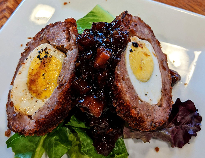 The legendary Scotch egg in all its glory &ndash; a perfect hard-boiled egg wrapped in sausage, then fried to create edible architecture.