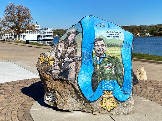 The Freedom Rock honors local heroes with vivid artistry, connecting Buffalo Bill's frontier legacy to modern military service.