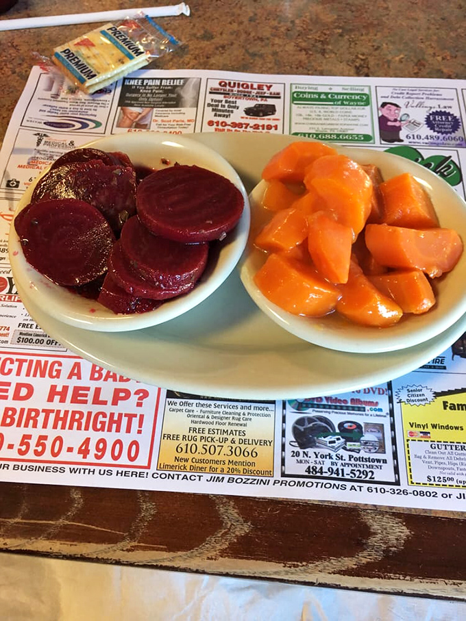 Even the side dishes shine here: vibrant carrots and spiced beets that add color and nutrition to every satisfying meal.