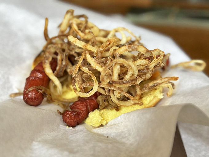 The humble hot dog gets the royal treatment - crispy, with fried strings that transform an everyday food into something worth crossing county lines for.
