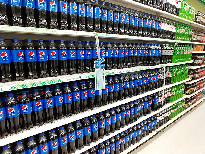 Pepsi paradise stretches before you—a carbonated cathedral where thirst meets affordability in perfectly aligned blue bottles.