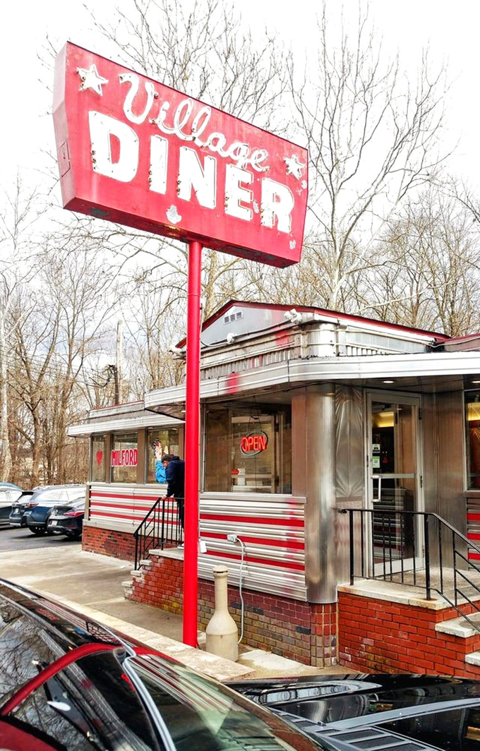 The Village Diner sign against mountain scenery &ndash; like a classic painting titled "Hope for the Hungry Traveler."