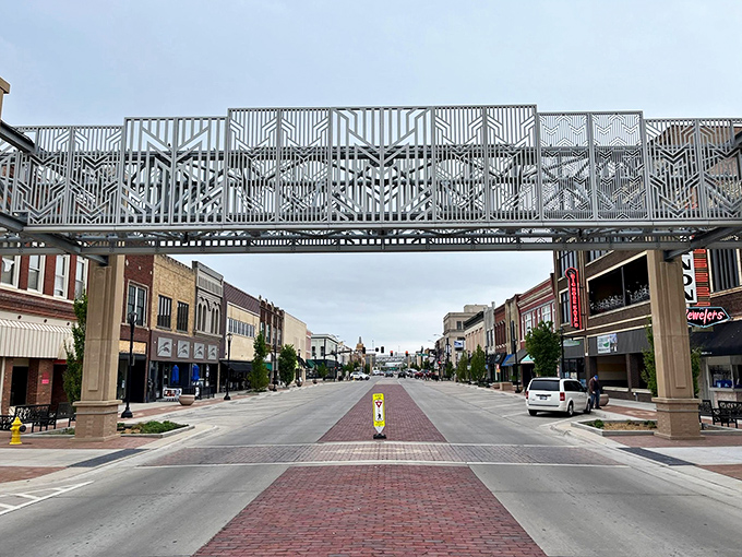 Downtown's pedestrian-friendly design includes artistic walkways connecting shopping districts. Like a runway model for practical Midwestern sensibility.