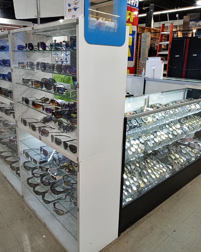 Sunglasses and watches displayed like museum pieces &ndash; affordable luxury where style and bargains intersect in gleaming harmony.