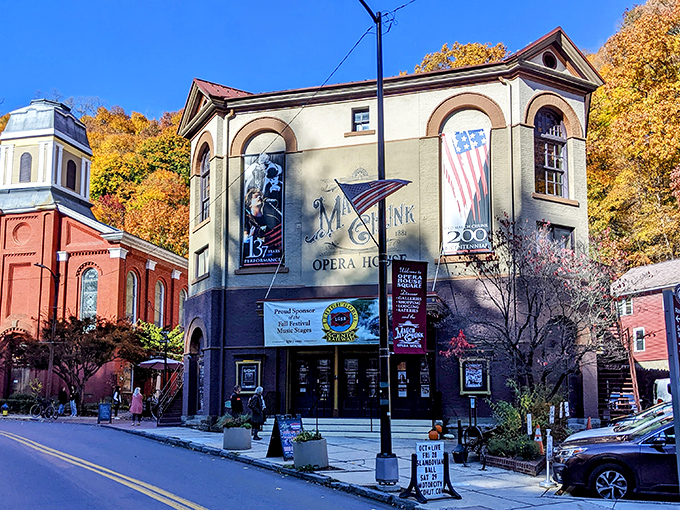 The Mauch Chunk Opera House, dressed in autumn's finest, still knows how to command an audience. Cultural cornerstone with Victorian swagger.