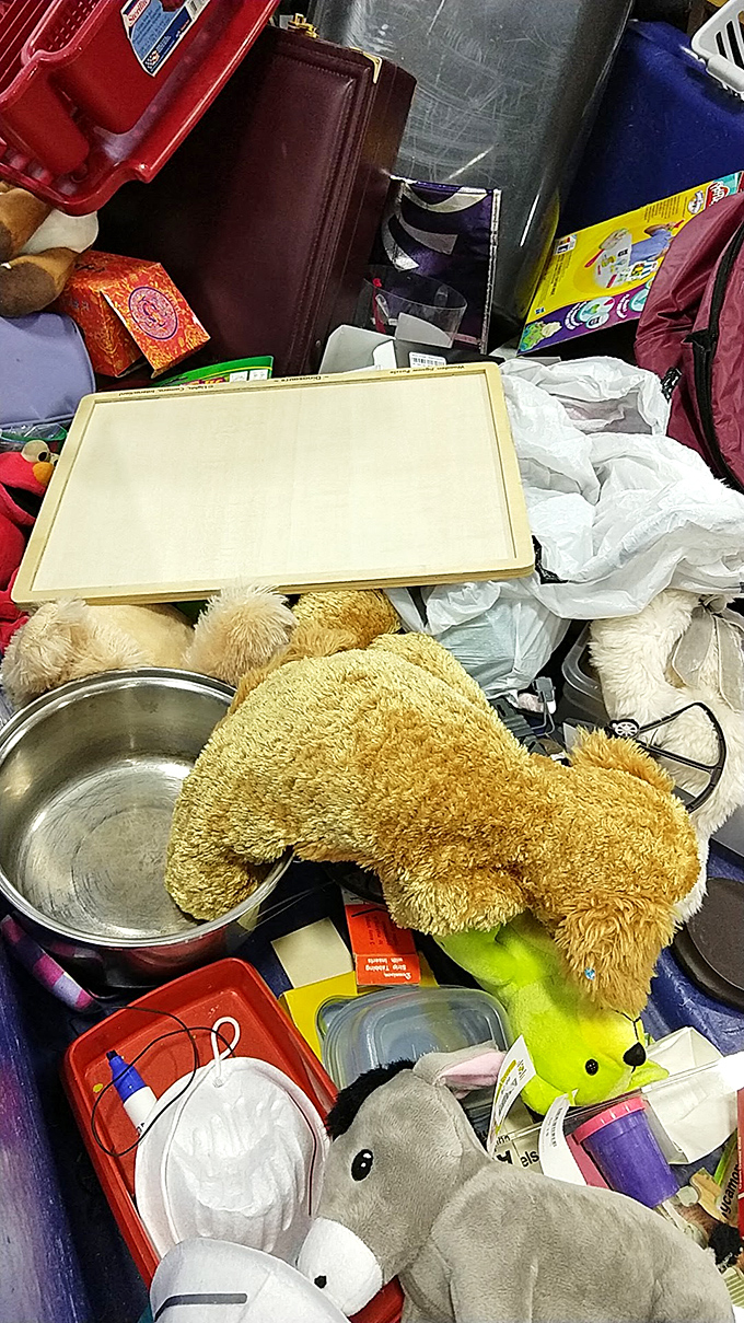 Stuffed animals and kitchen supplies living in harmony. In the bins, a metal bowl and teddy bear become the most natural of neighbors.