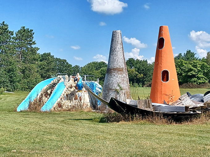 Roadside water park dreams, faded but not forgotten. These weathered slides and cones create an abstract sculpture garden of summer memories past.