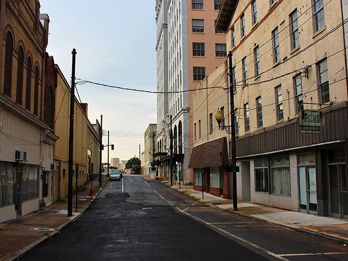 Twilight settles over empty downtown streets, lending an Edward Hopper-esque quality to Danville's mix of historic buildings and mid-century additions.